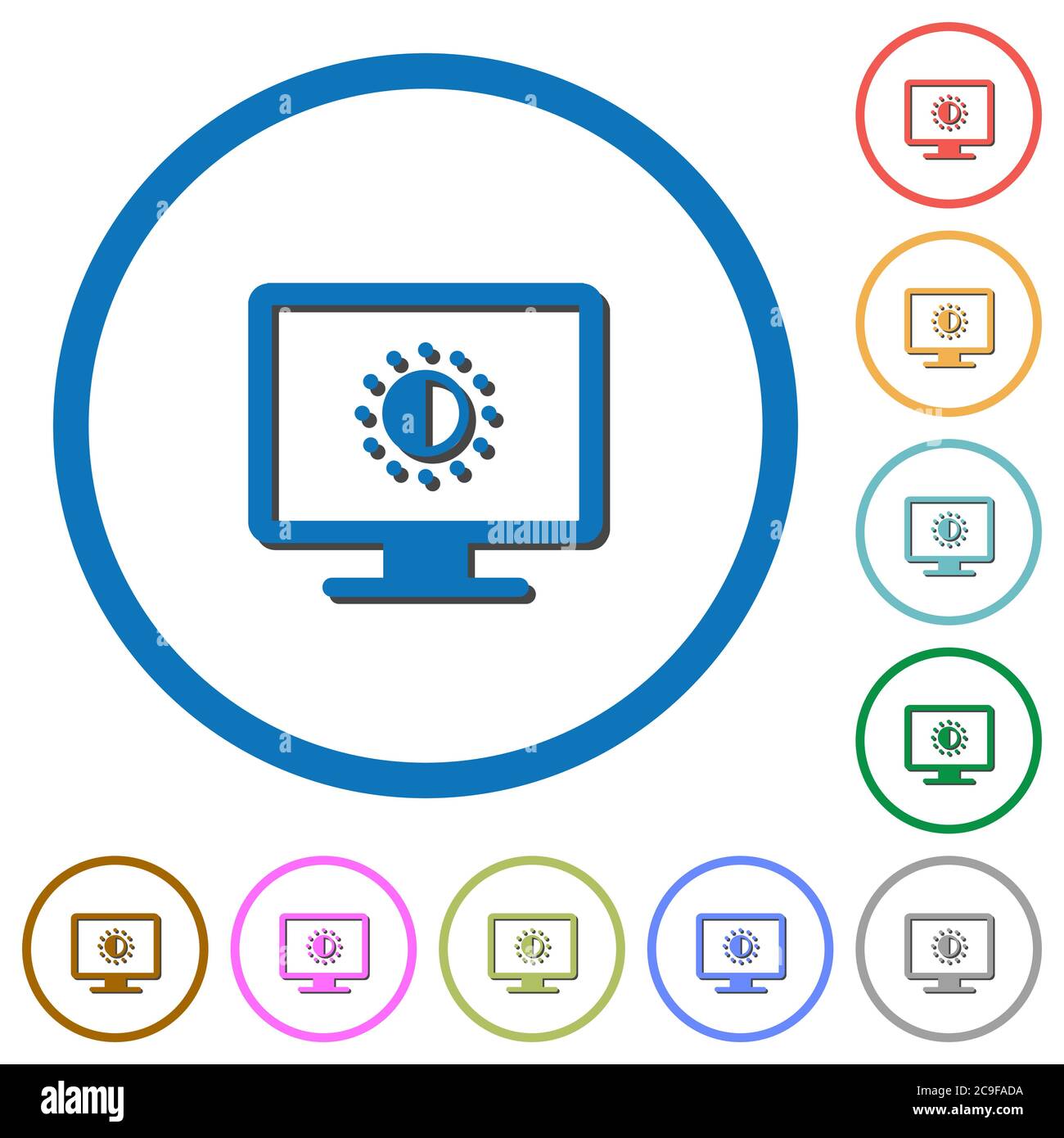 Adjust screen saturation flat color vector icons with shadows in round ...