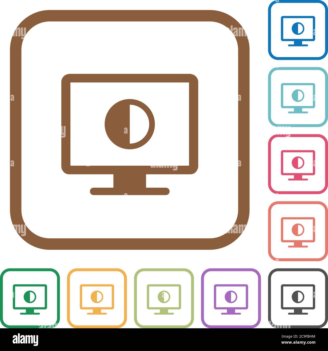 Adjust screen contrast simple icons in color rounded square frames on ...