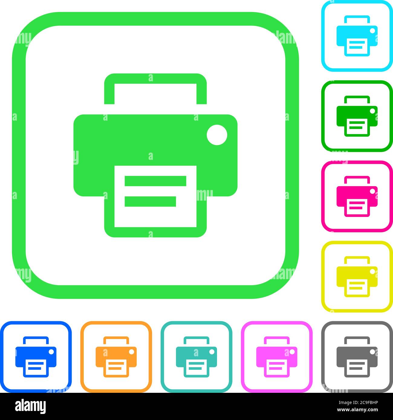 Printer vivid colored flat icons in curved borders on white background ...