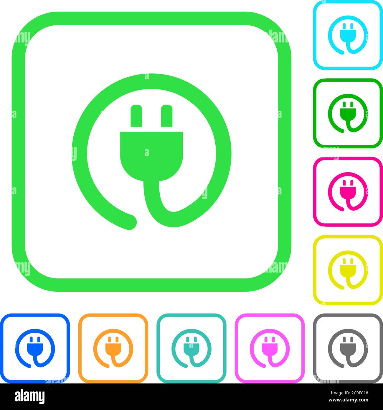 Rolled power cord vivid colored flat icons in curved borders on white ...