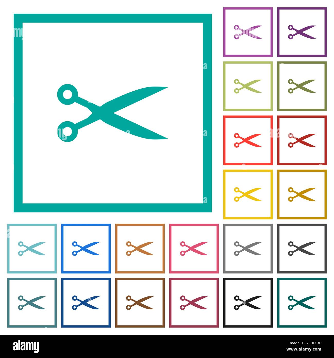 Cut with scissors flat color icons with quadrant frames on white ...