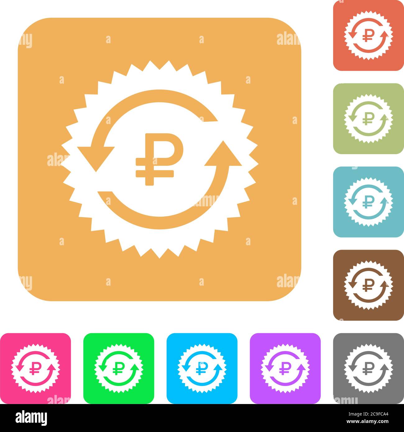 Ruble pay back guarantee sticker flat icons on rounded square vivid color backgrounds Stock ...