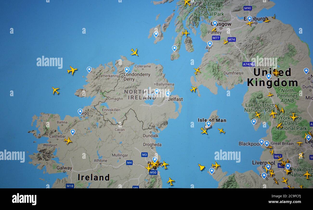 air traffic over Ireland and Scotland (31 july 2020, UTC 08.35) on ...