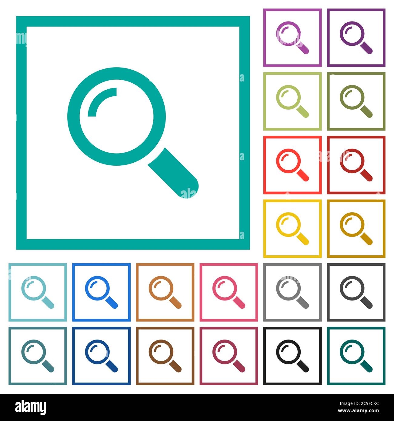 Single magnifier flat color icons with quadrant frames on white ...