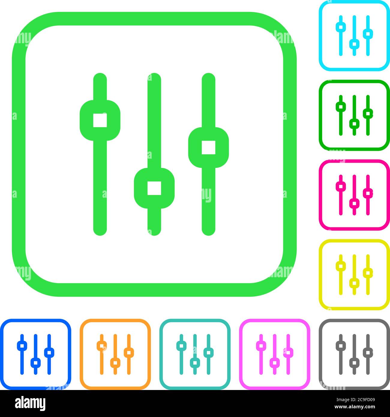 Vertical adjustment vivid colored flat icons in curved borders on white ...