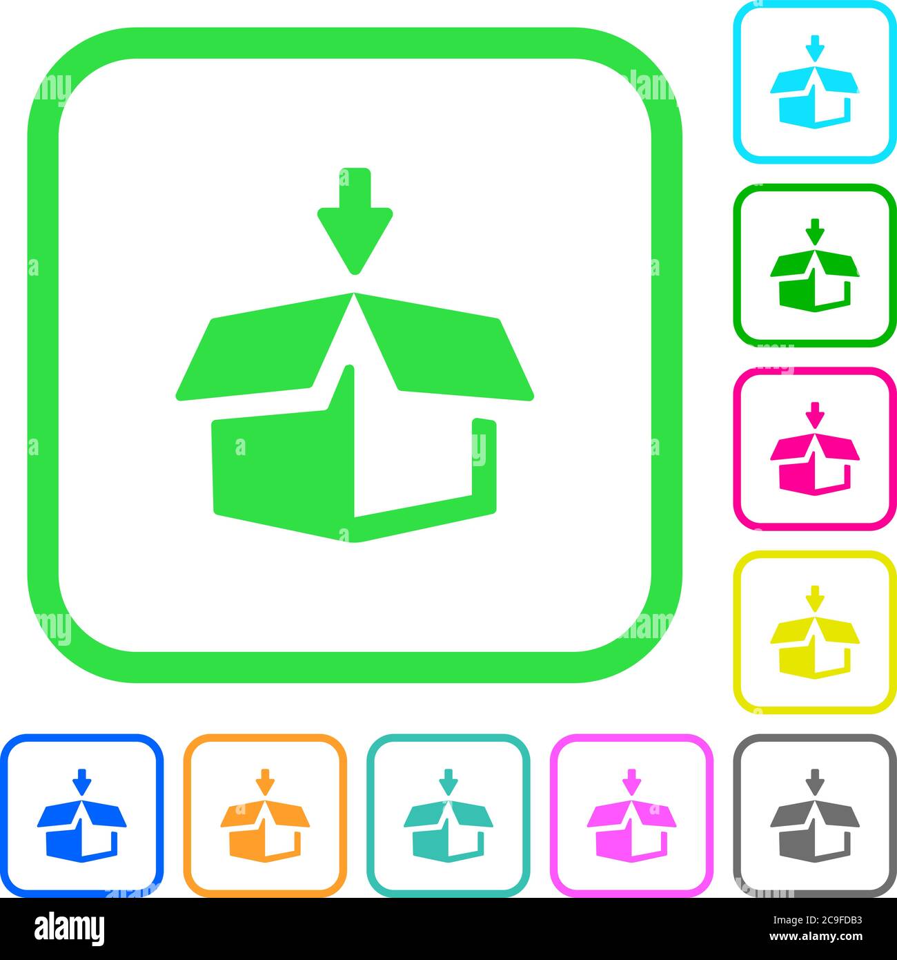 Pack to box vivid colored flat icons in curved borders on white ...