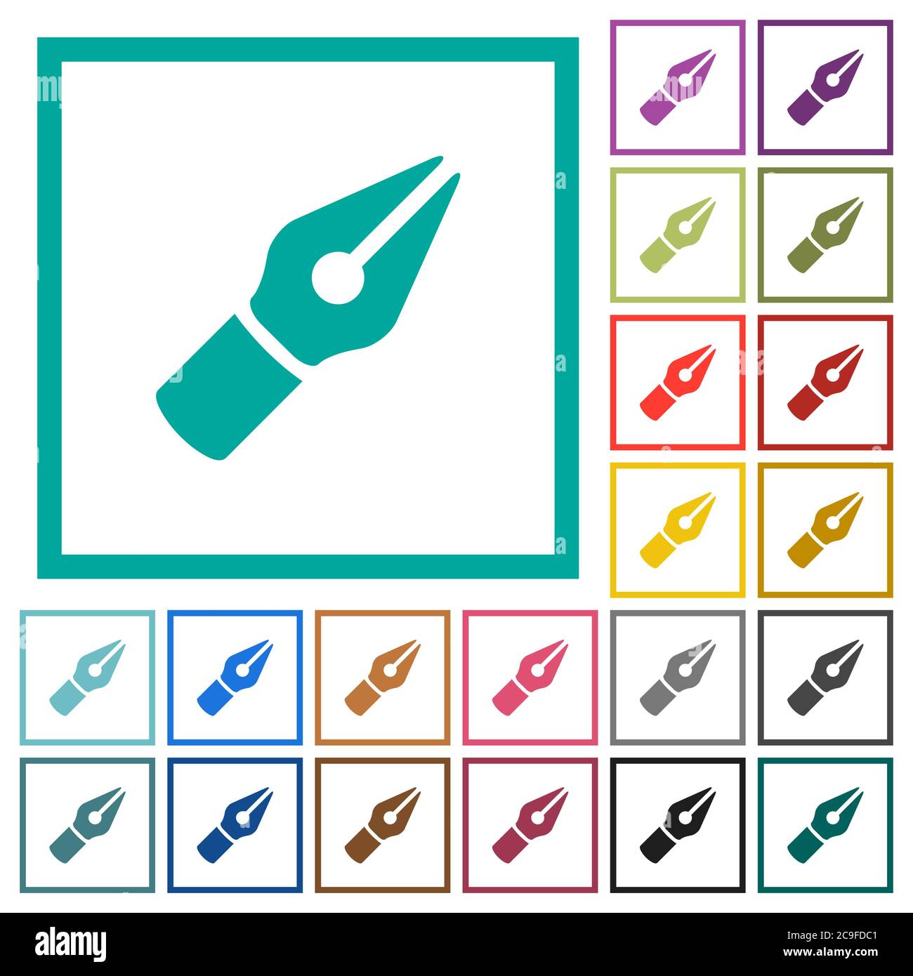 Vector pen symbol flat color icons with quadrant frames on white ...