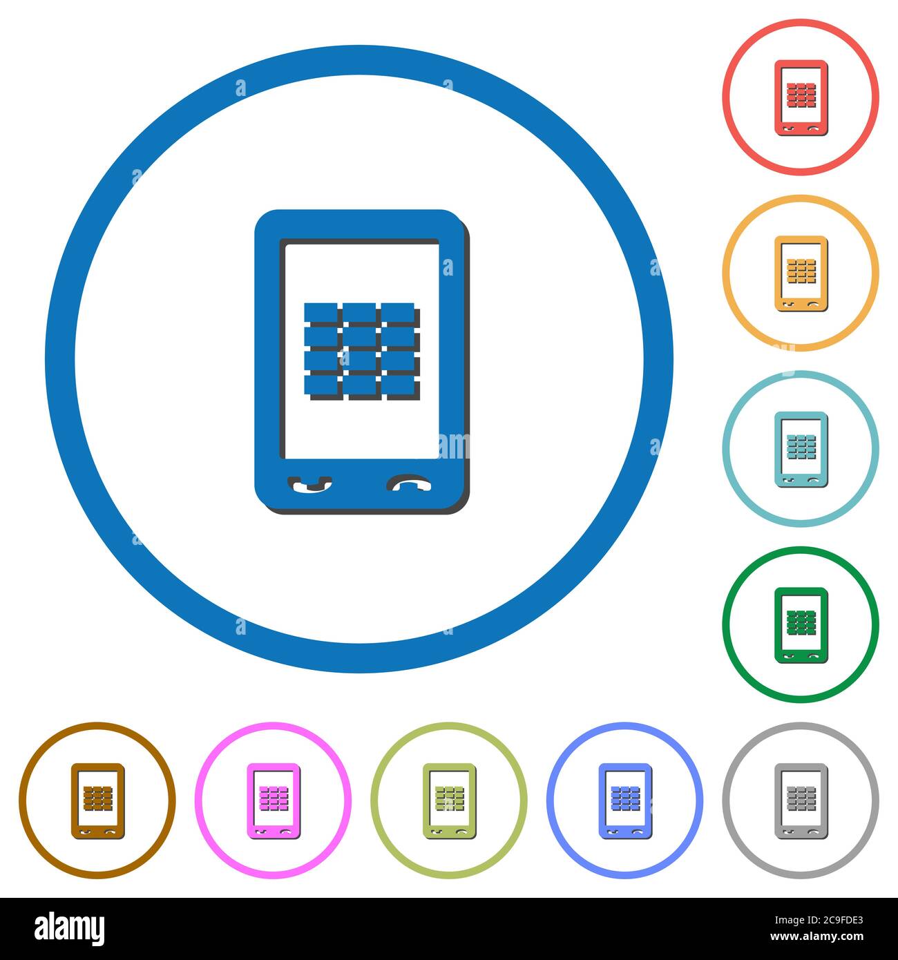 Mobile spreadsheet flat color vector icons with shadows in round outlines on white background ...