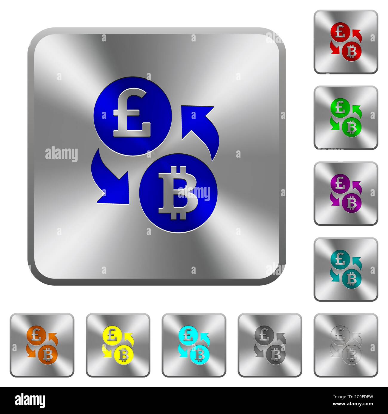 Pound Bitcoin money exchange engraved icons on rounded square glossy ...