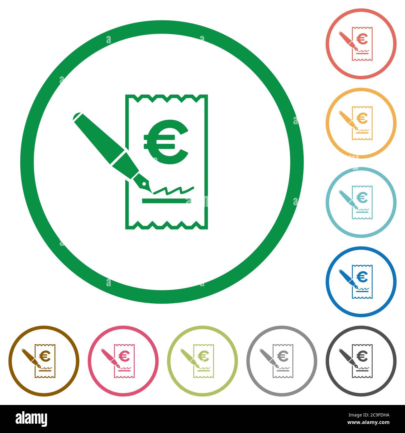 Signing Euro cheque flat color icons in round outlines on white ...