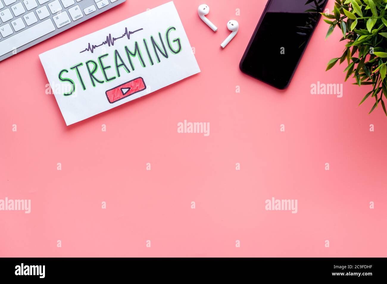 Streaming video concept - tablet on office workplace. Top view Stock ...