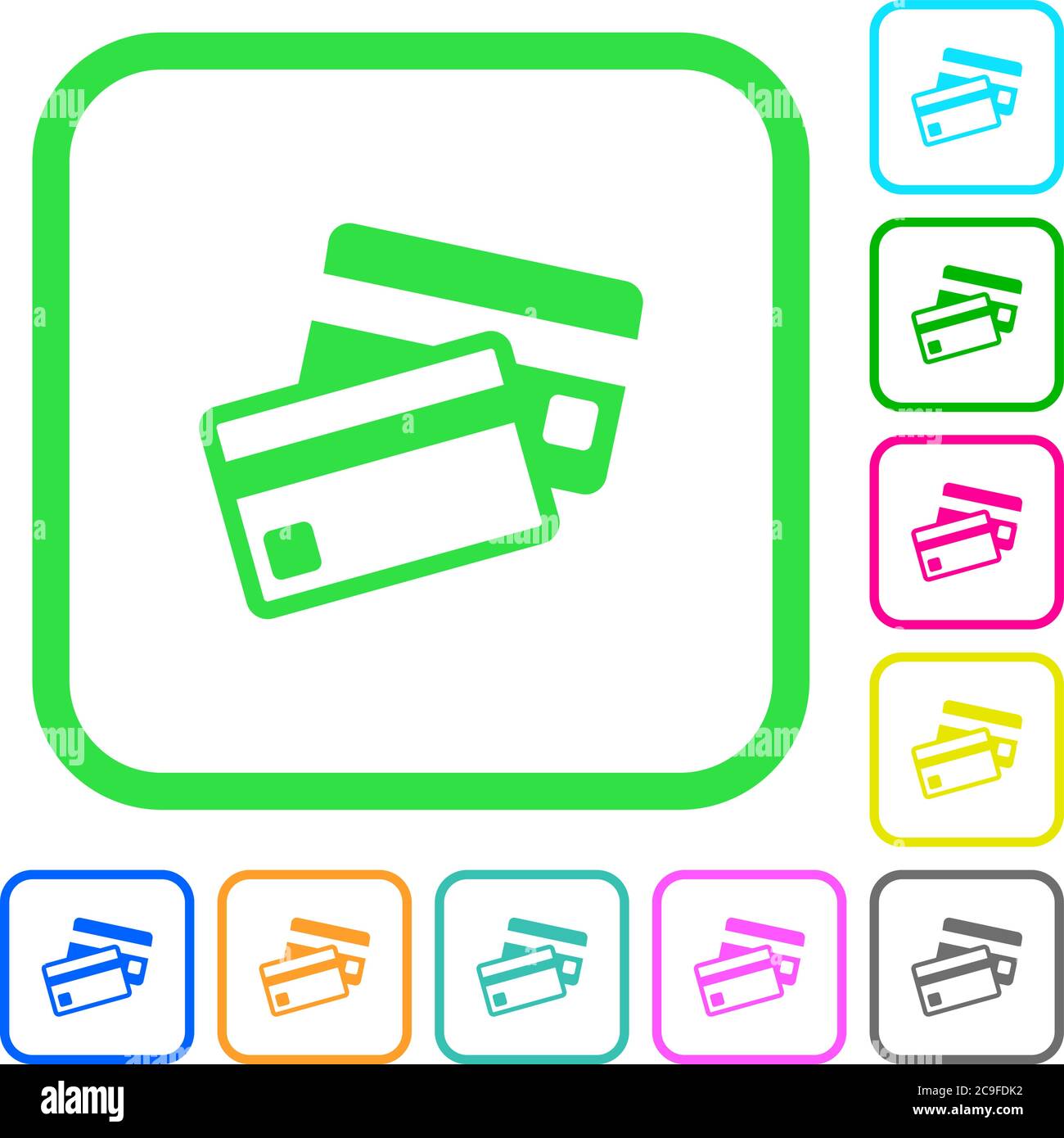 Credit cards vivid colored flat icons in curved borders on white ...