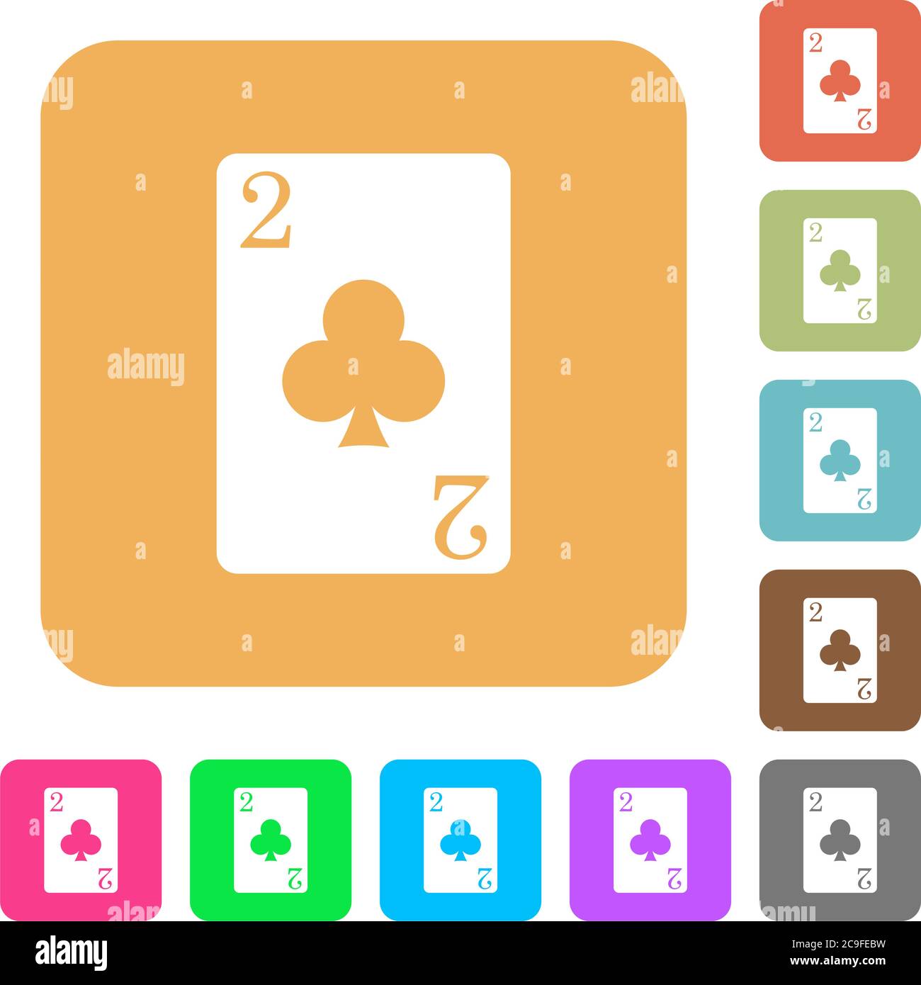 Two of clubs card flat icons on rounded square vivid color backgrounds ...