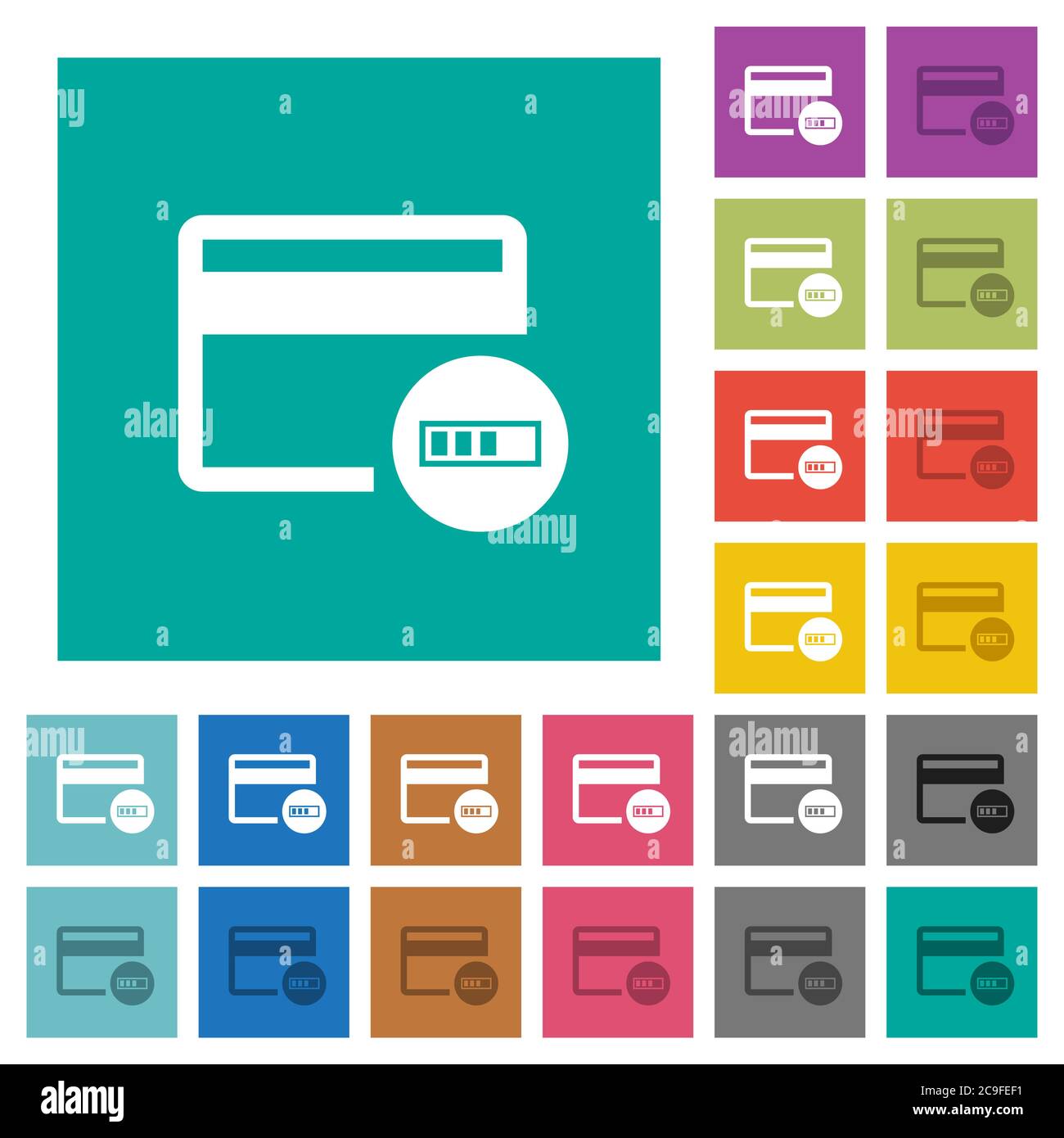 Verifying credit card multi colored flat icons on plain square ...