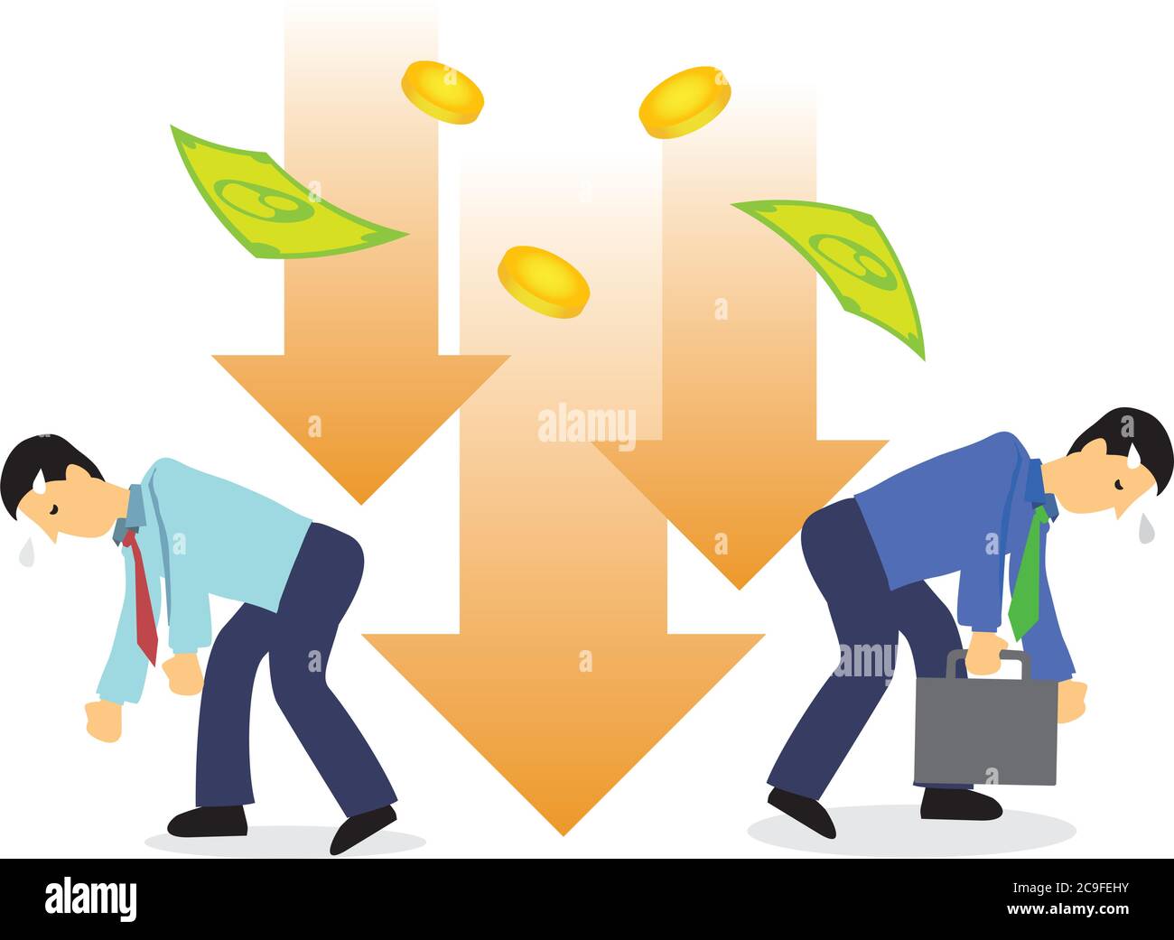 Crashing of dollar onto businessmen. Concept of recession or stock ...