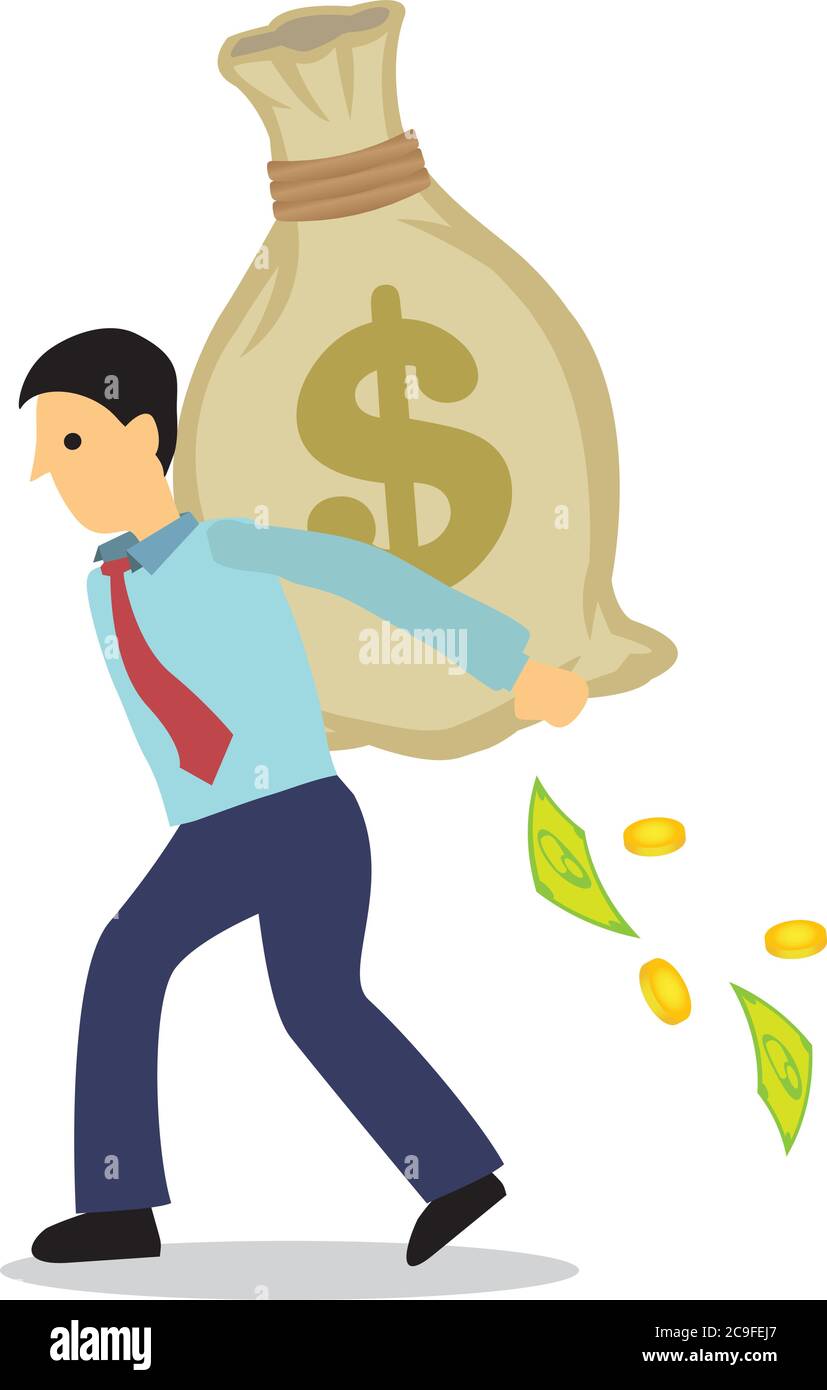 Businessman with a sack of money with a broken wallet. Concept of bad ...