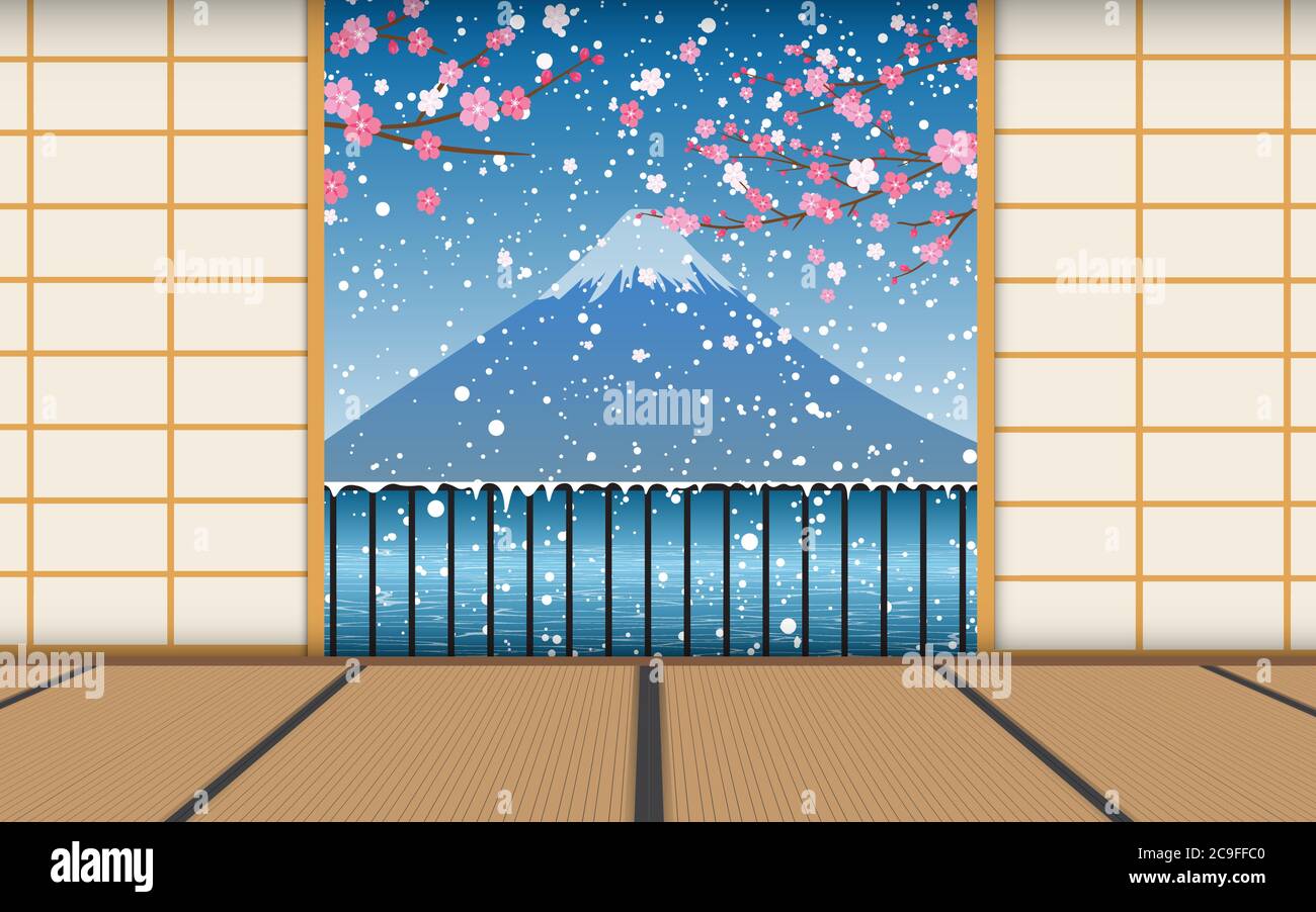 view of snowfall at fuji mountain in japanese Stock Vector Image & Art ...