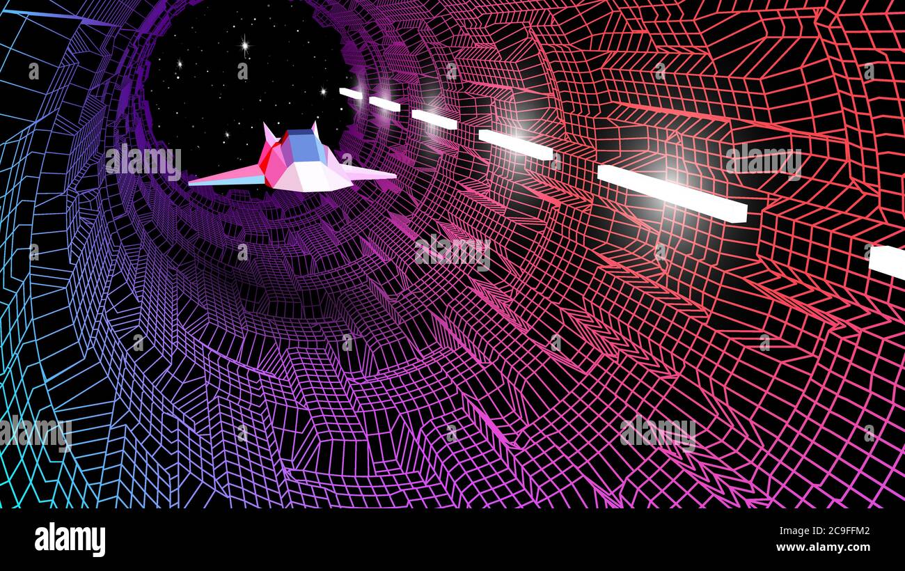 Arcade space ship flying to the gateway in blue corridor 3D landscape ...
