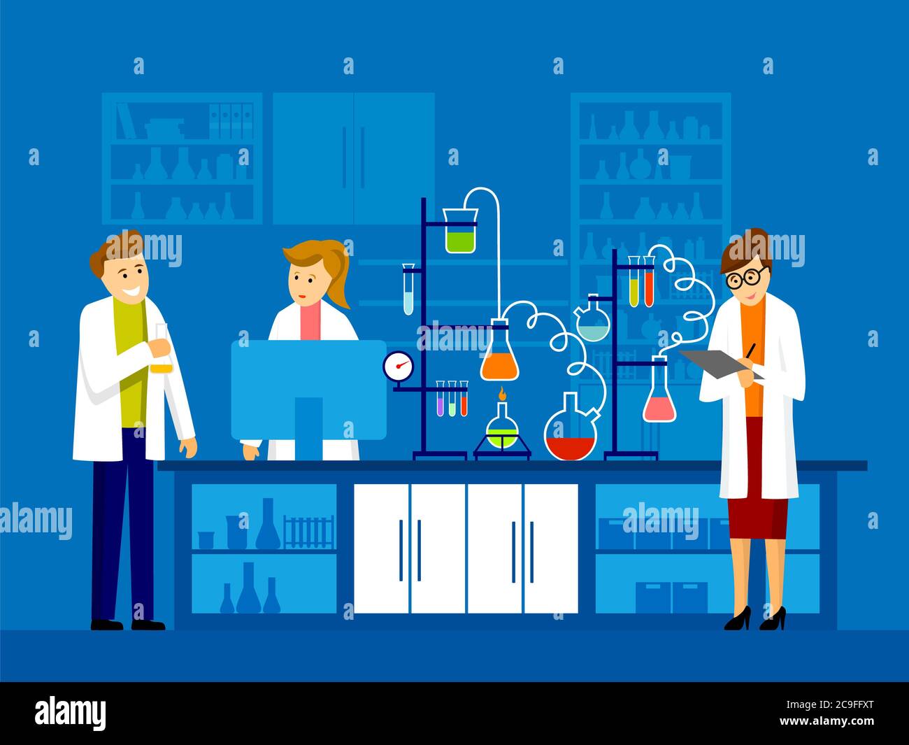 Illustration of scientists two men and woman working at science lab ...