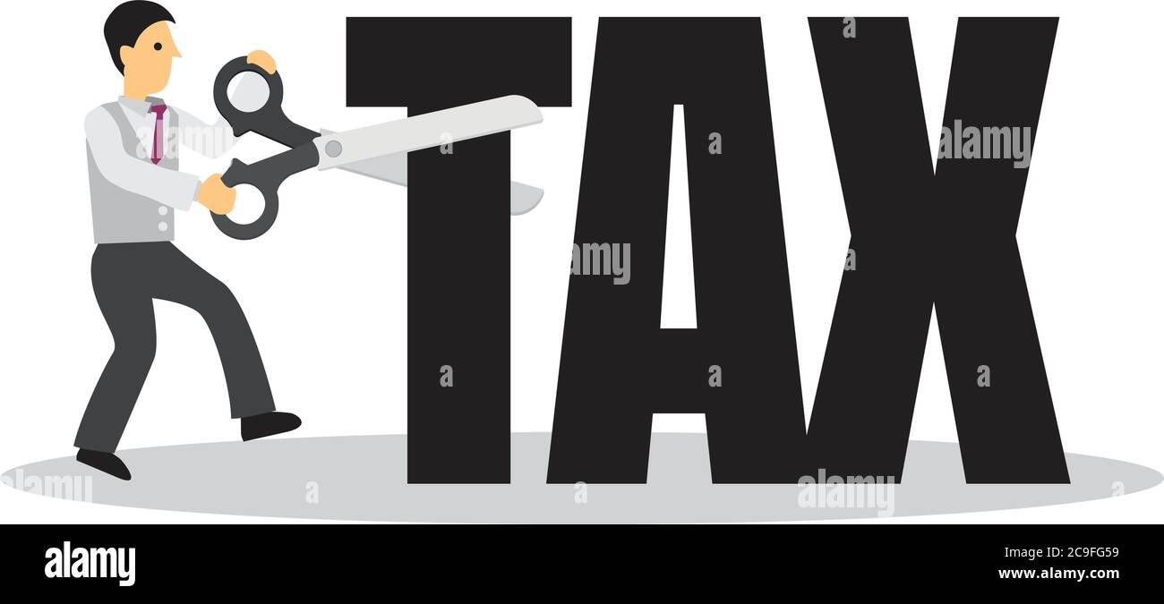 Businessman with a giant scissor cutting a tax block. Concept of tax ...