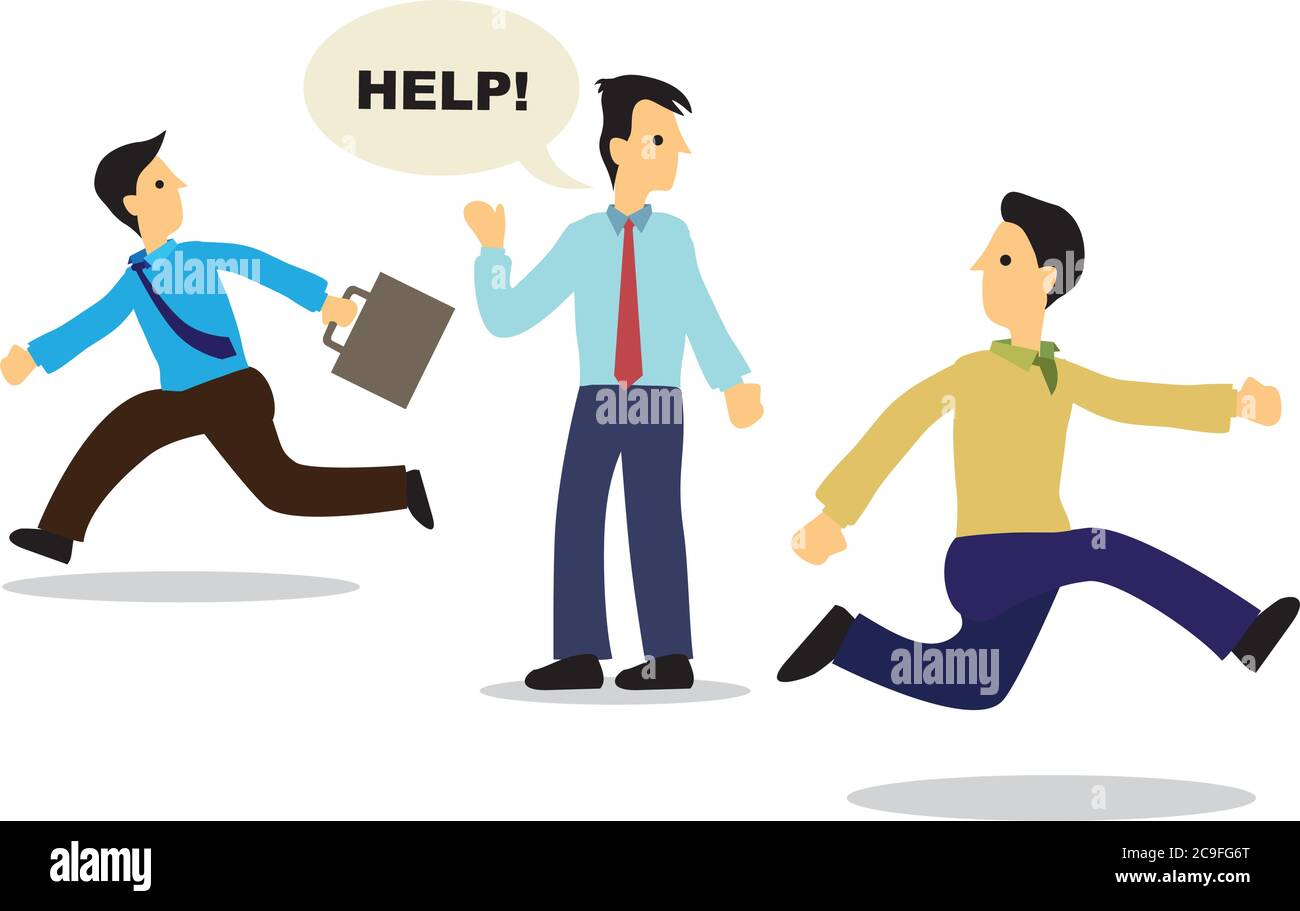 Colleagues run away from businessman asking for help. Concept of ...