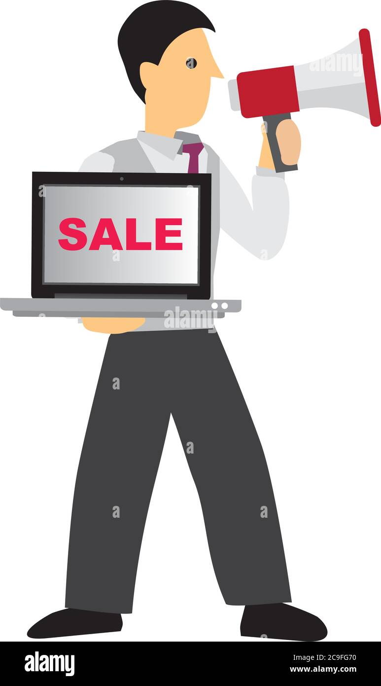 Sale Businessman with a loudspeaker selling his computer laptop ...
