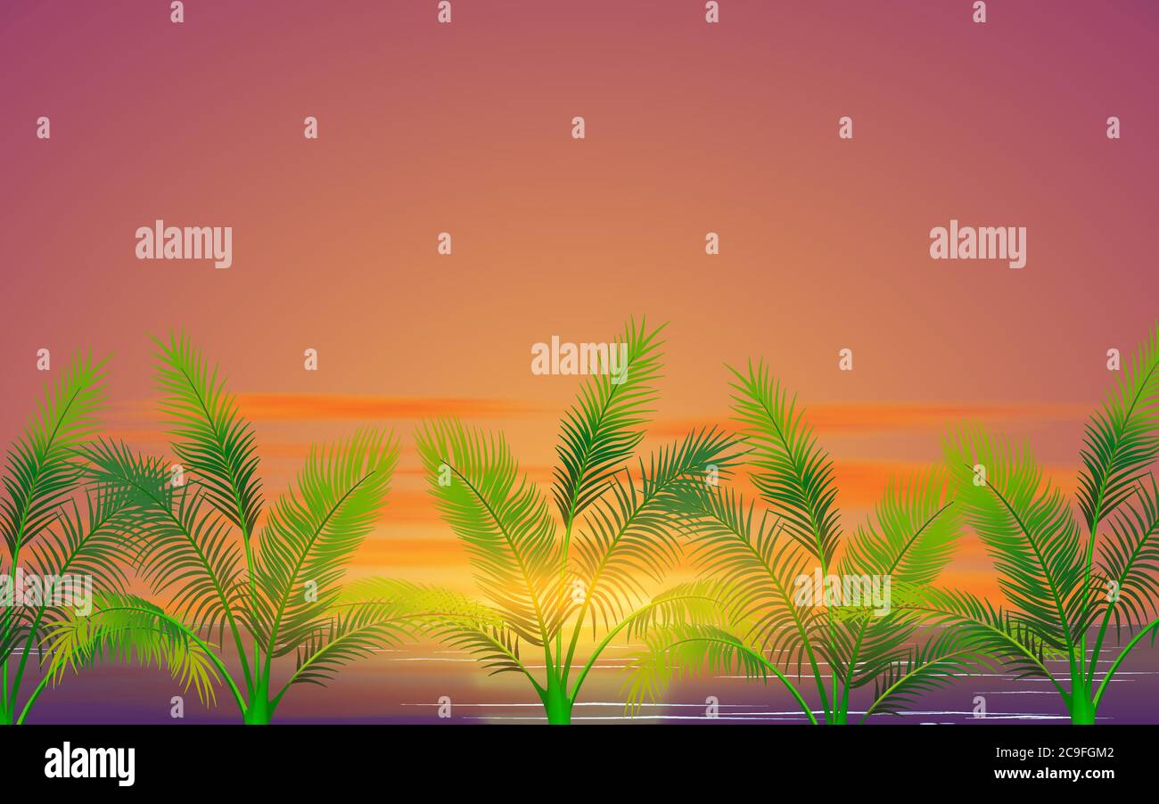 landscape of coconut tree on the beach in sunset Stock Vector Image ...