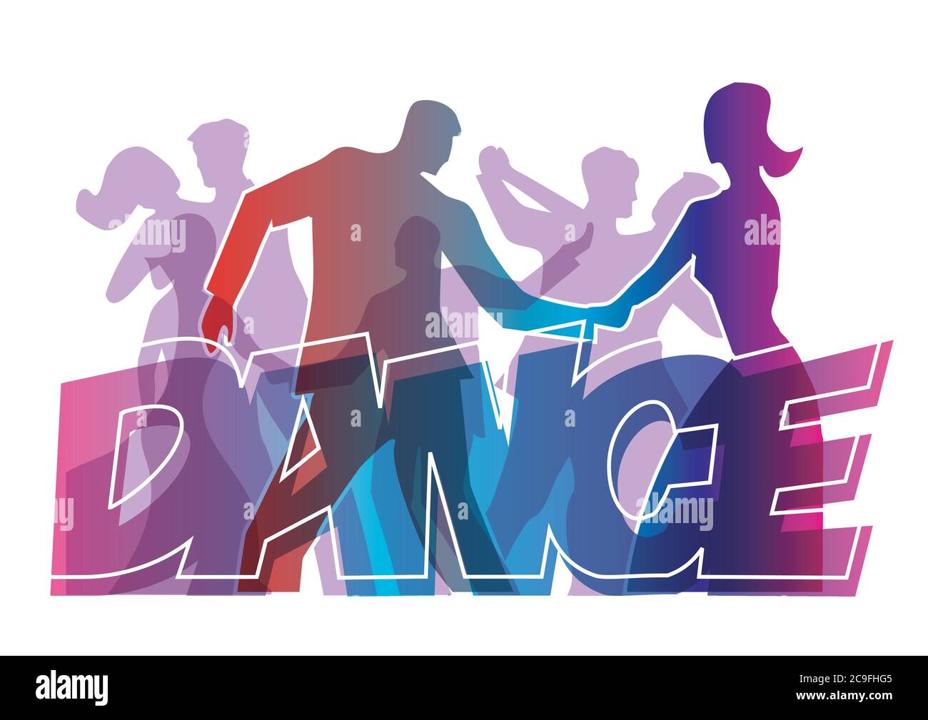 Dancing couples with DANCE inscription. Stylized Illustration.Isolated ...