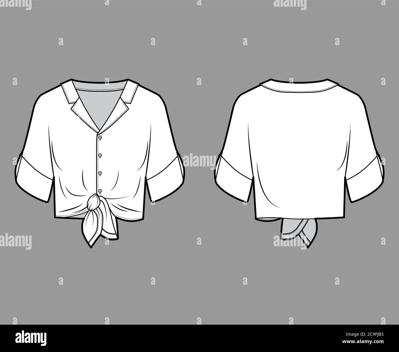 Tie-front blouse technical fashion illustration with lapel notched ...