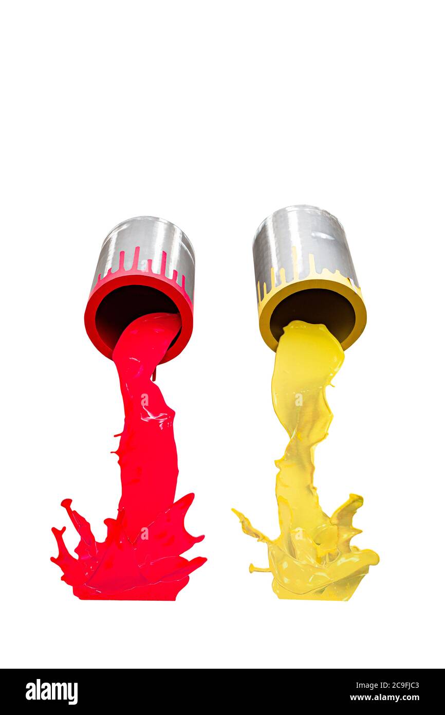 Two metal buckets pouring red and yellow paint Stock Photo - Alamy