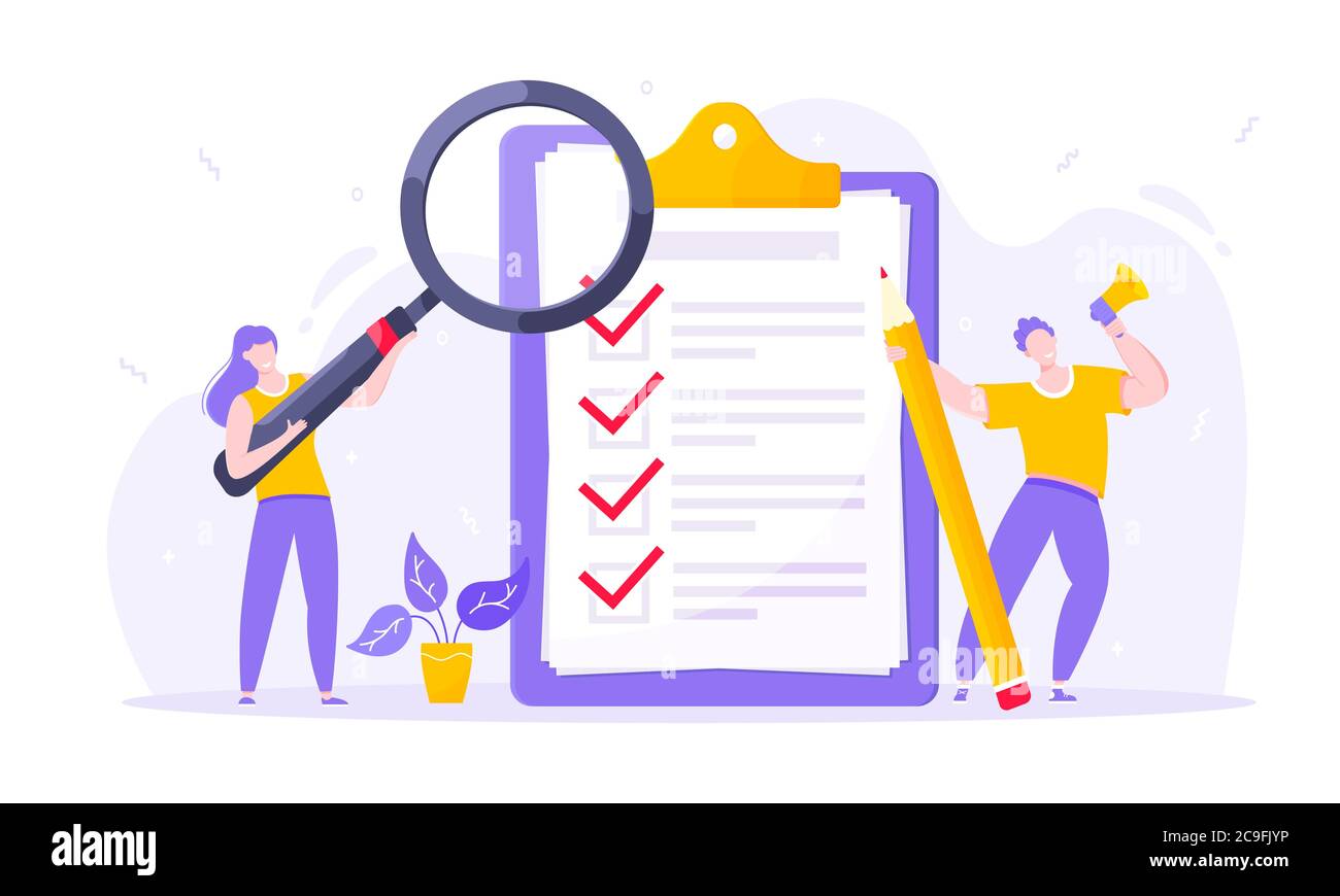 Task done business concept tiny people with megaphone, magnifying glass ...