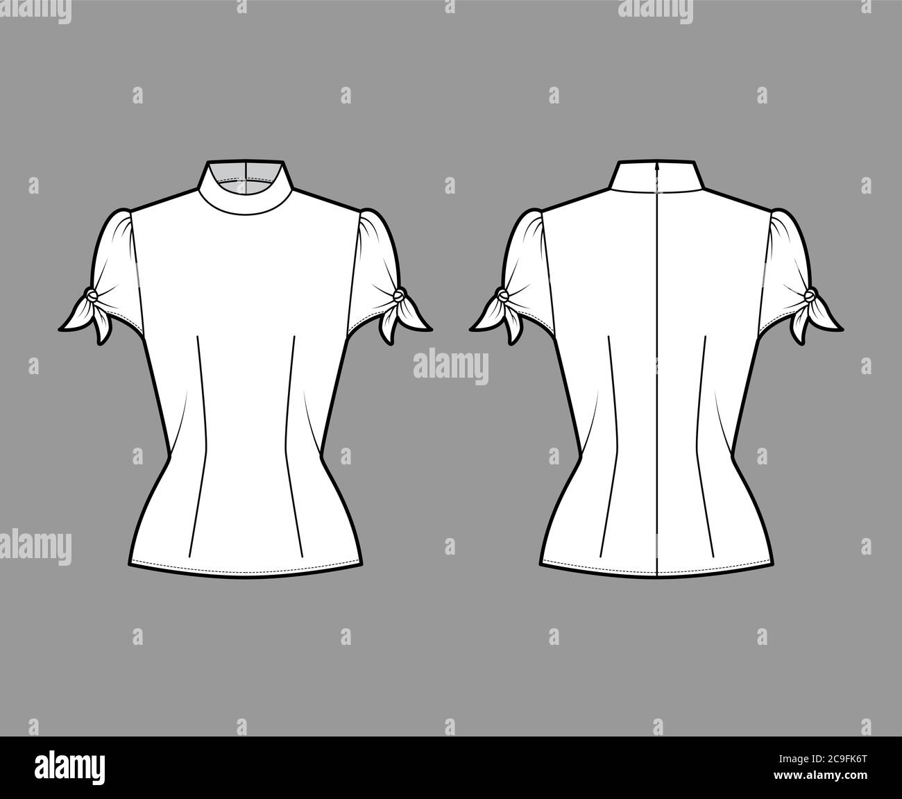 Knotted cutout blouse technical fashion illustration with high neckline ...