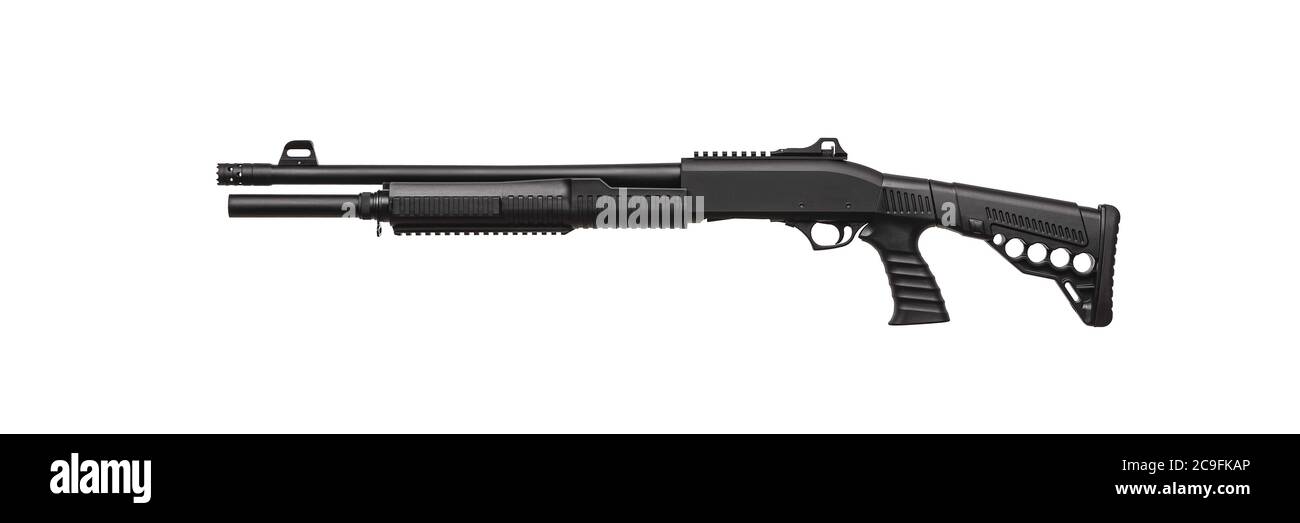 Modern pump action tactical shotgun isolate on a white background ...