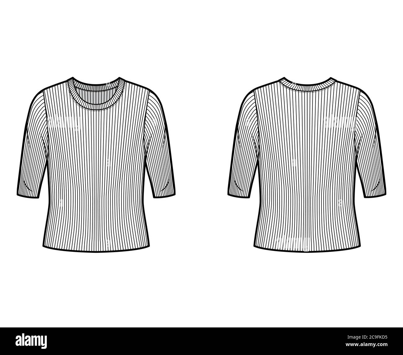 Ribbed crew neck knit sweater technical fashion illustration with elbow ...