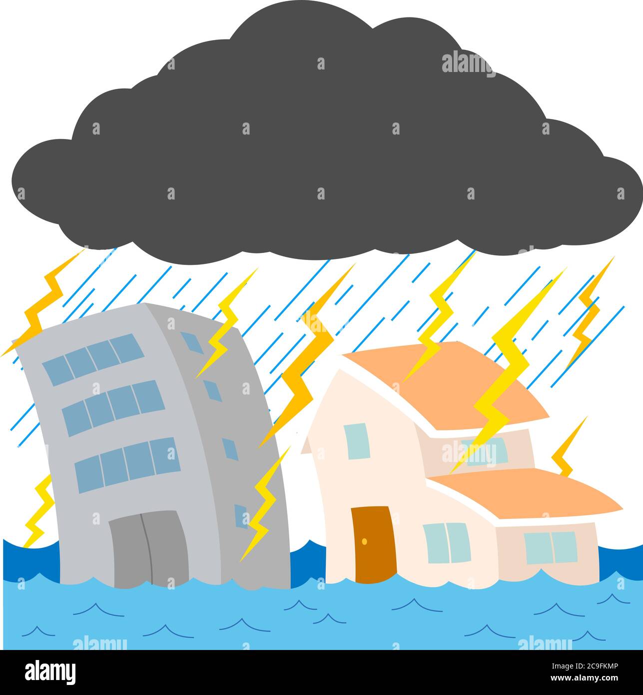 This is a illustration of Buildings and houses damaged by heavy rain ...