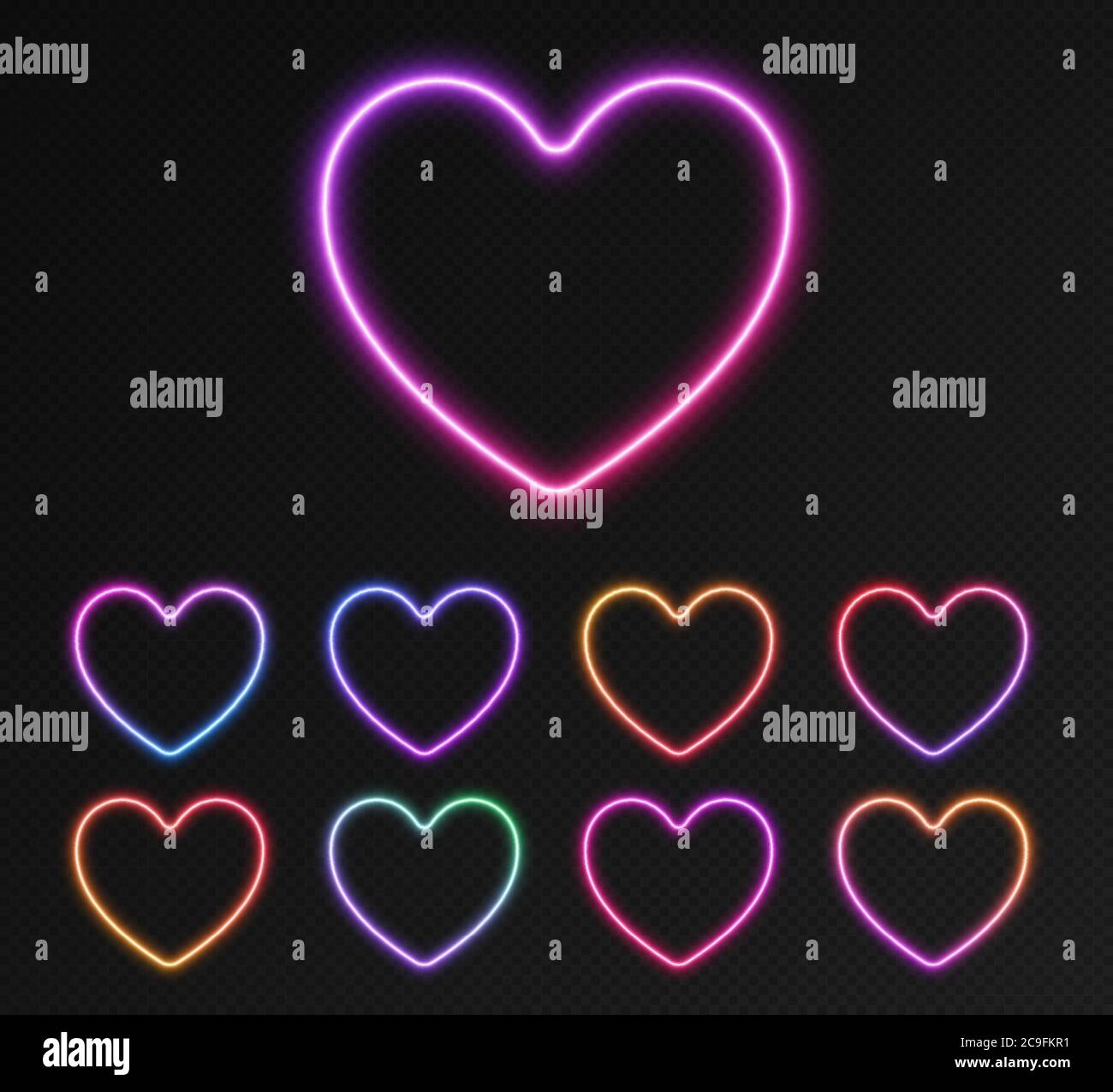 Neon gradient frames set, collection of colorful glowing hearts. Vivid ...