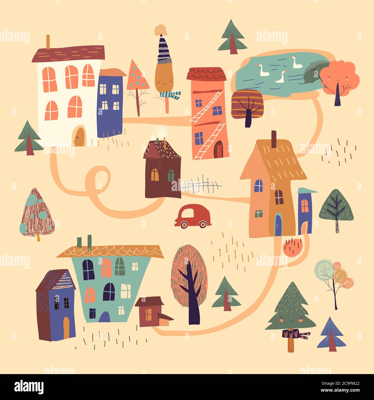 Cute little town with autumnal trees in cartoon style Stock Vector ...