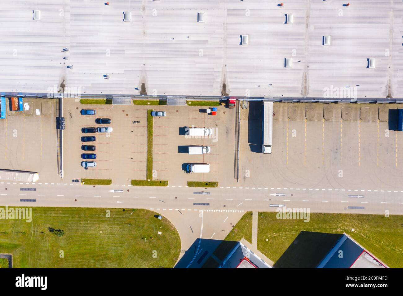 Aerial view of goods warehouse. Logistics center in industrial city ...