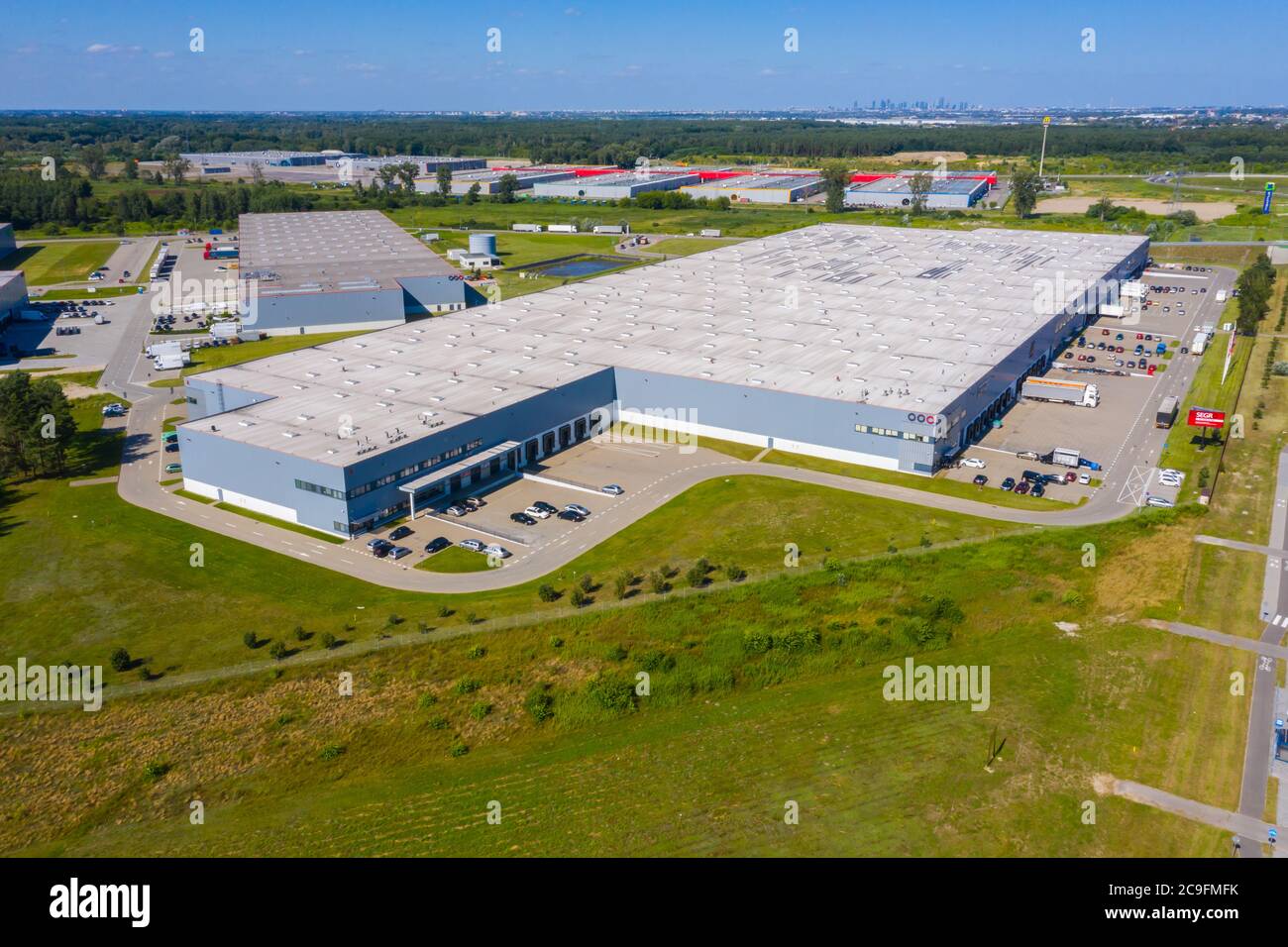 Aerial top view of the large logistics park with warehouse, loading hub ...