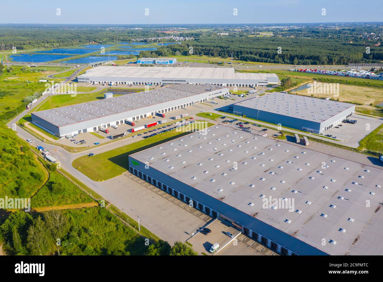 Aerial top view of the large logistics park with warehouse, loading hub ...