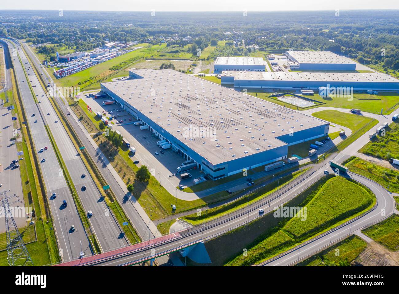 Aerial top view of the large logistics park with warehouse, loading hub ...