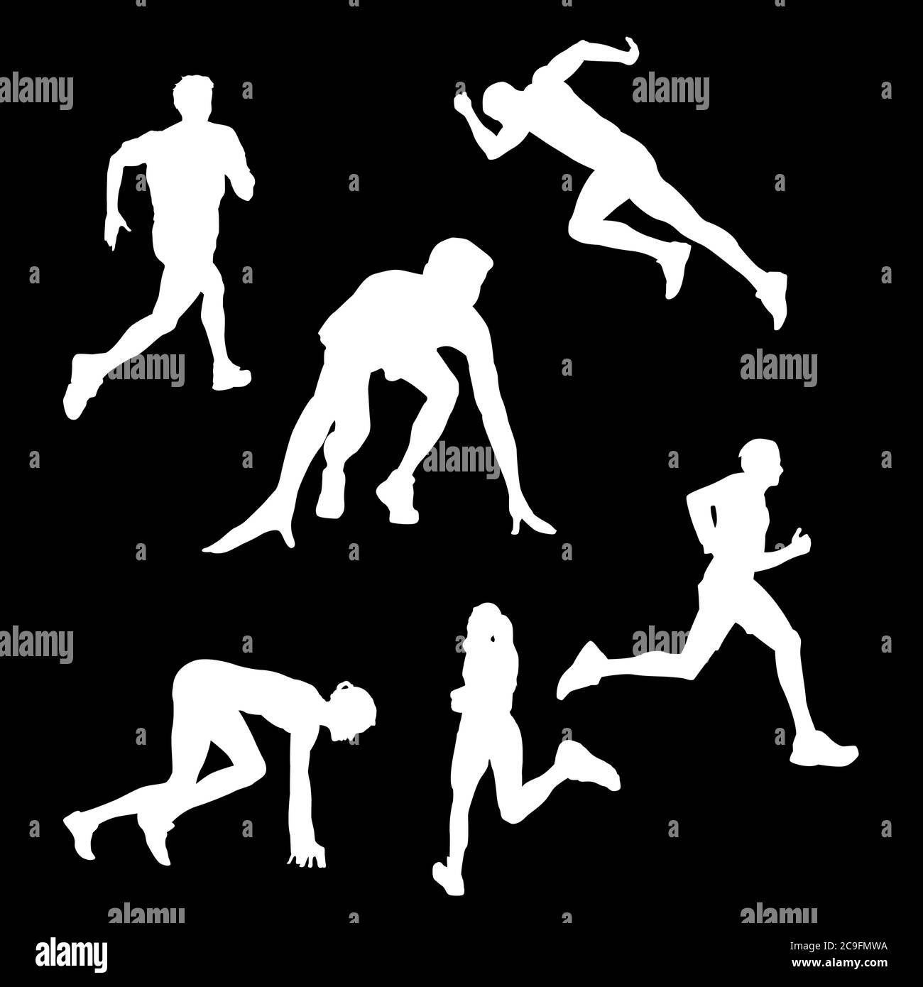 White silhouettes of athletes that run on a black background Stock ...