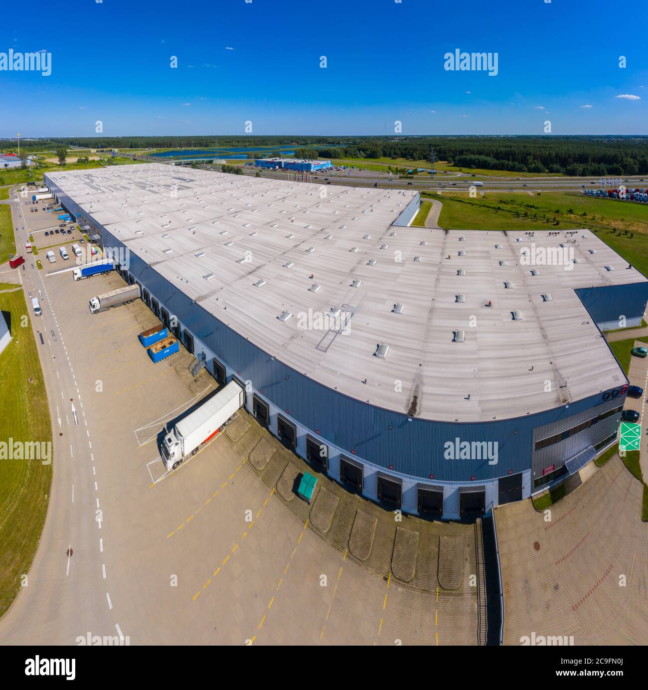 Aerial top view of the large logistics park with warehouse, loading hub ...