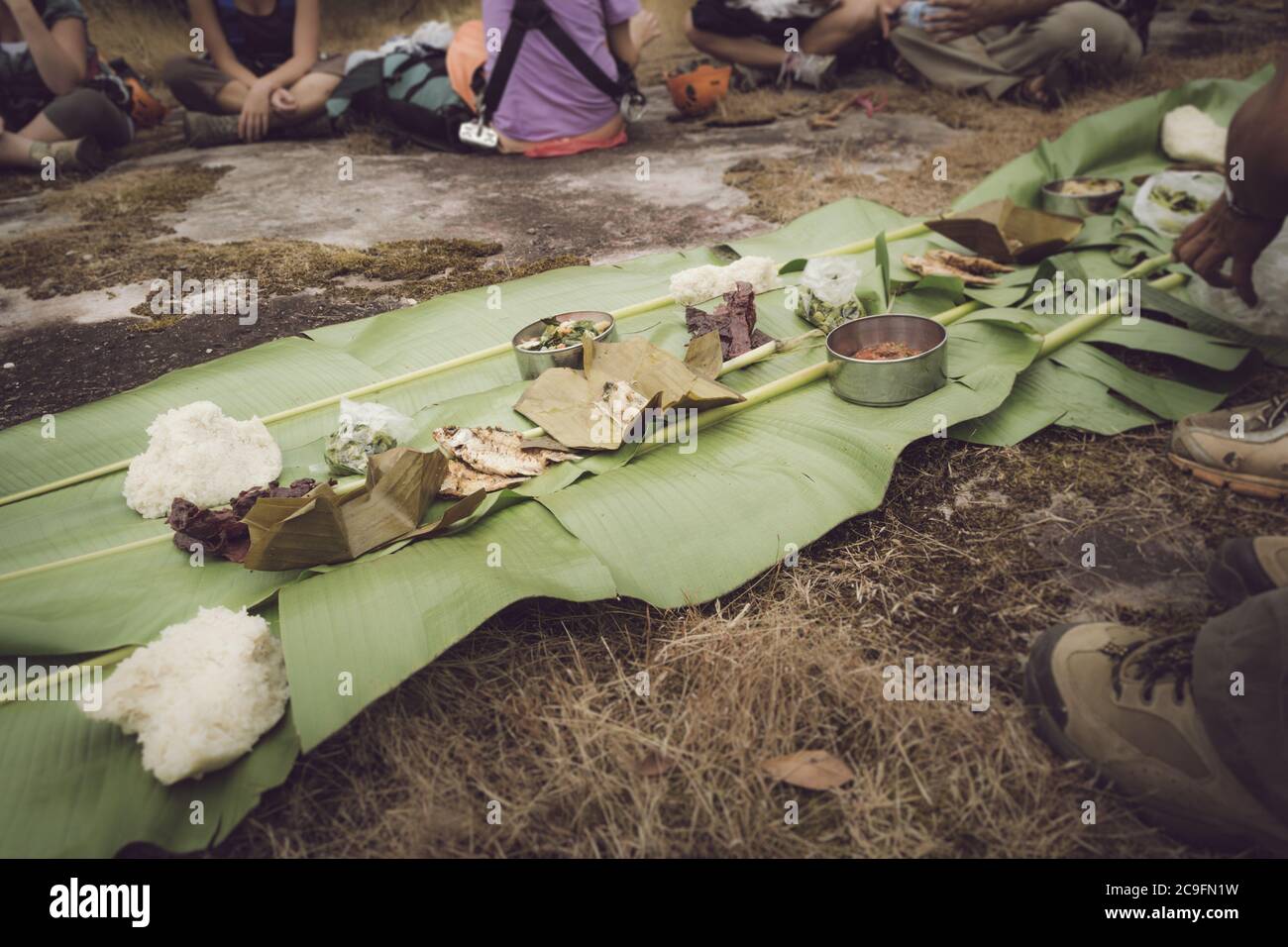 Outdoor and adventurous food preparing in nature, with food and ...