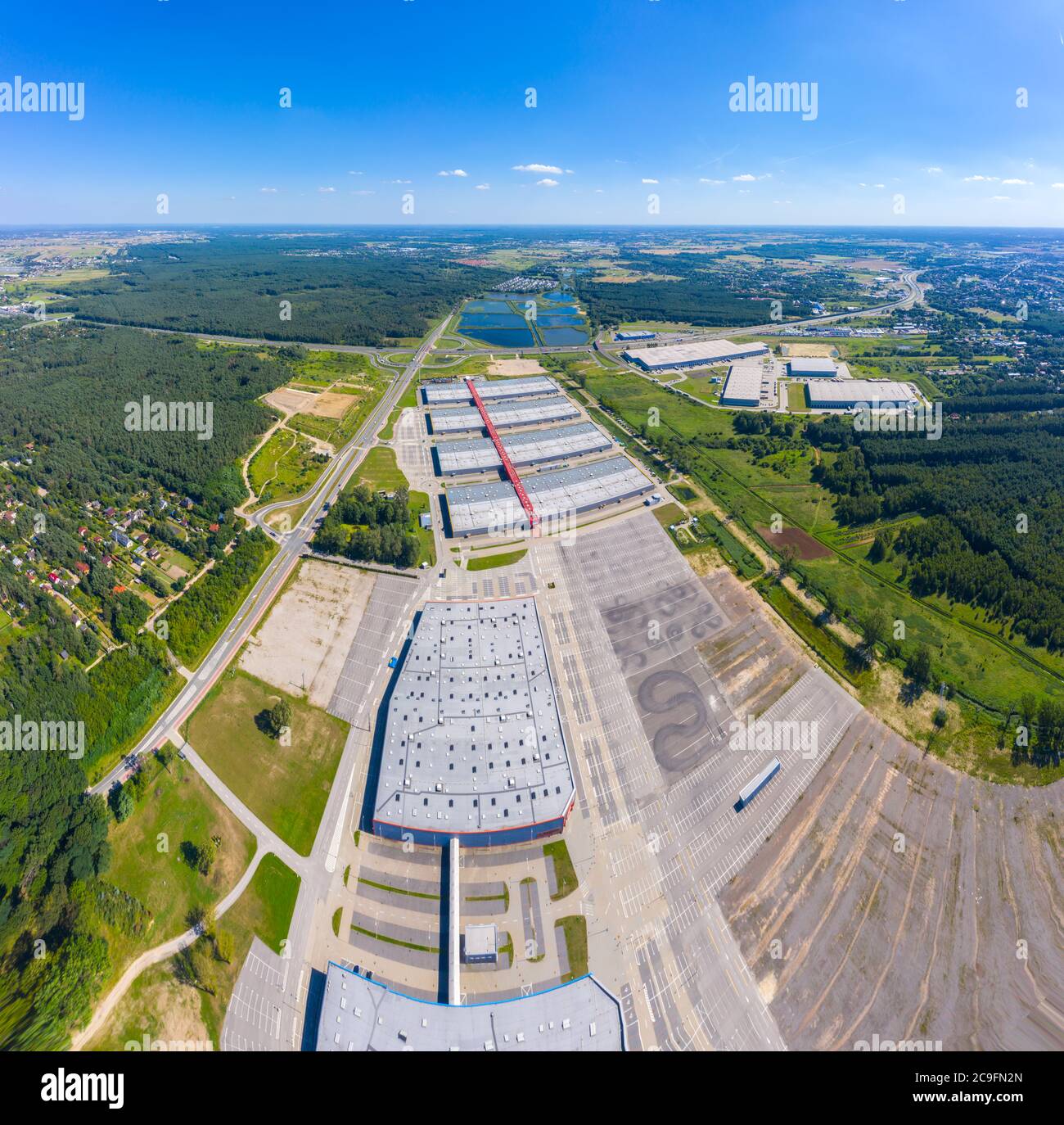 Aerial top view of the large logistics park with warehouse, loading hub ...