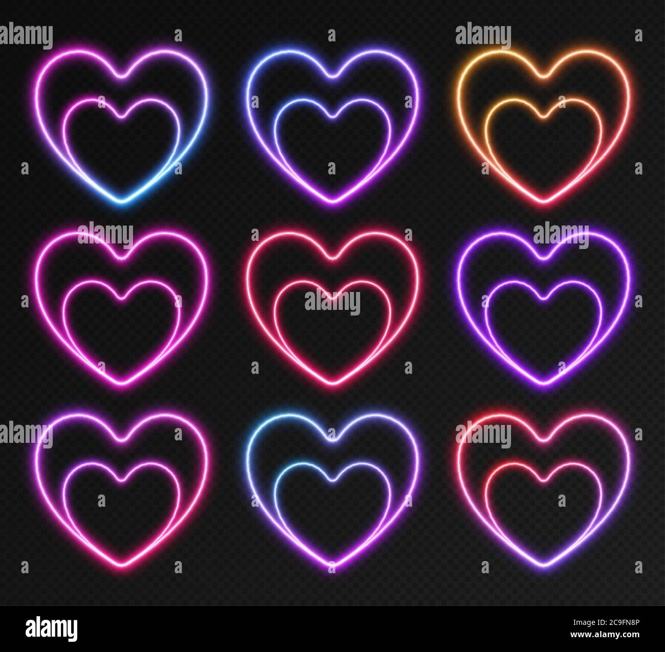 Neon gradient frames set, collection of colorful glowing hearts. Vivid ...