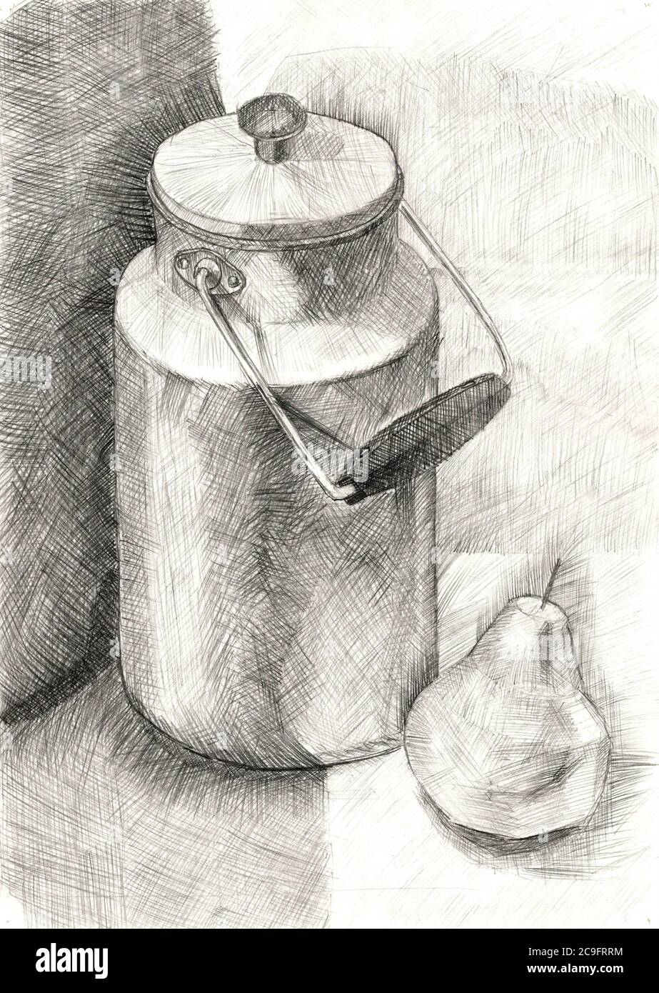 Still life with a metal can and a pear Stock Photo - Alamy