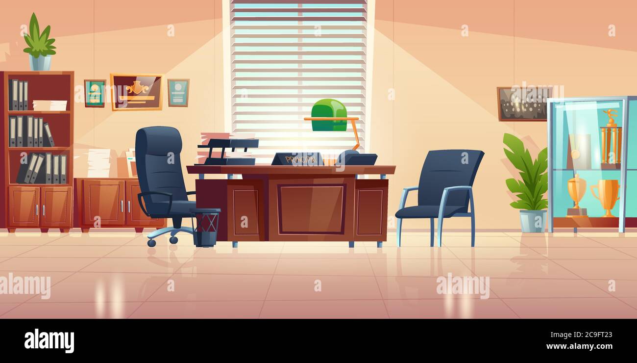 Principals office in school with desk, chairs, bookcase and showcase with sport trophies. Vector ...