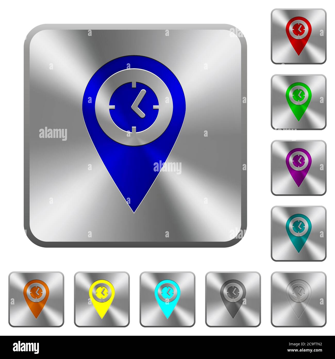 Arrival time GPS map location engraved icons on rounded square glossy ...