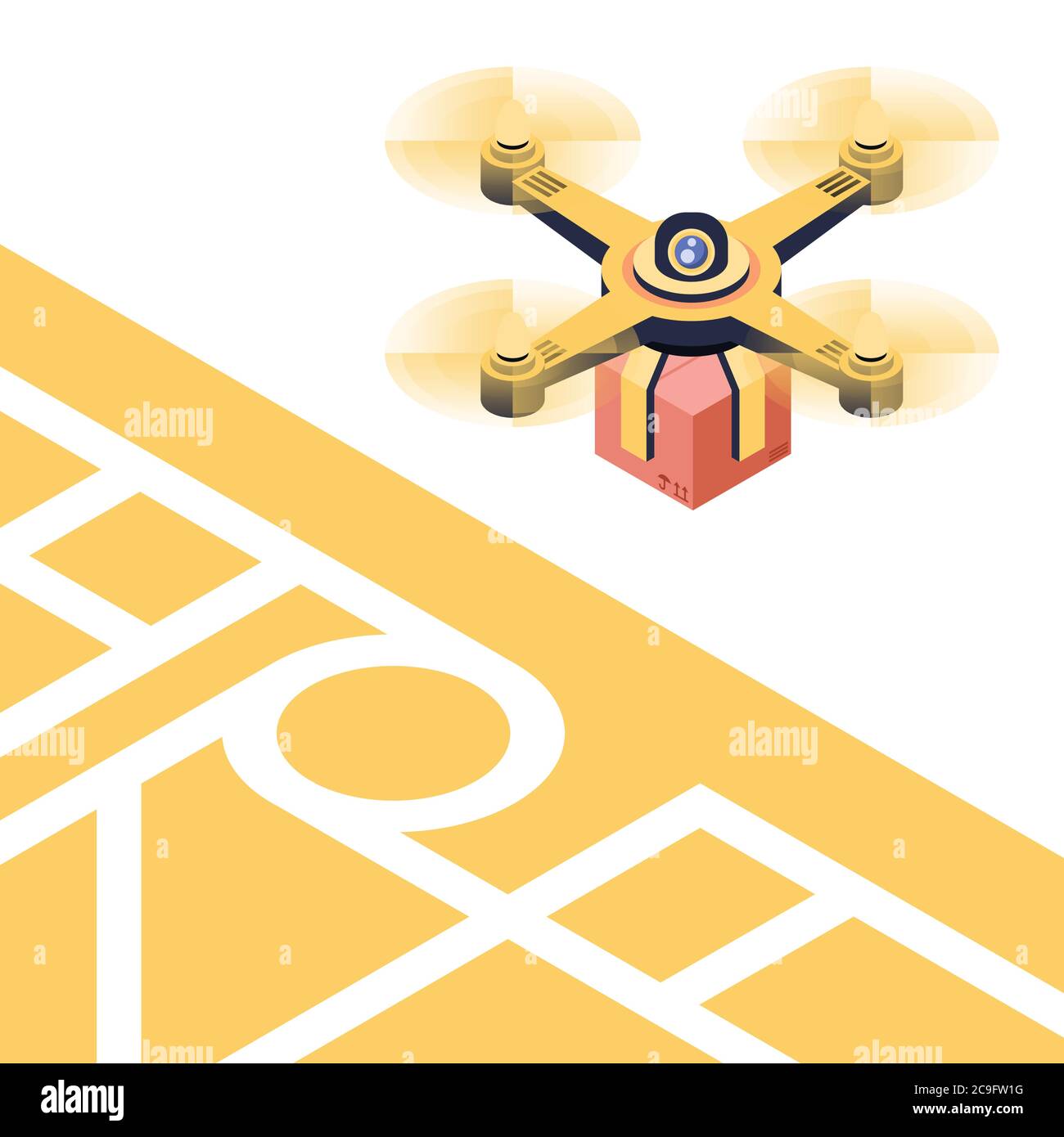 Delivery drone in cartoon style is flying over the map of a city ...